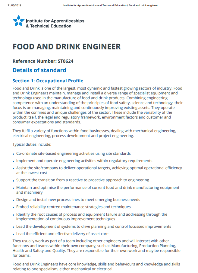 Standard - Food & Drink Engineer, Level 5