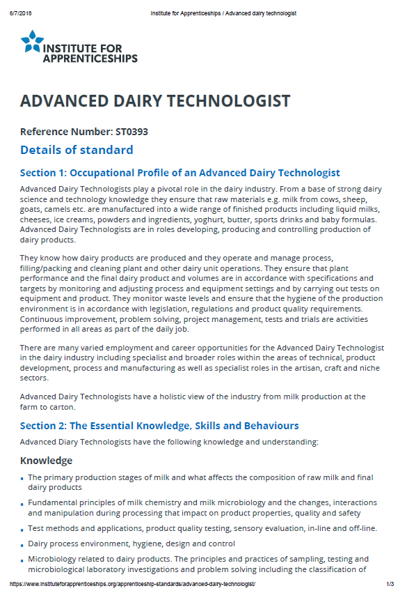 Standard - Advanced Dairy Technologist, Level 5